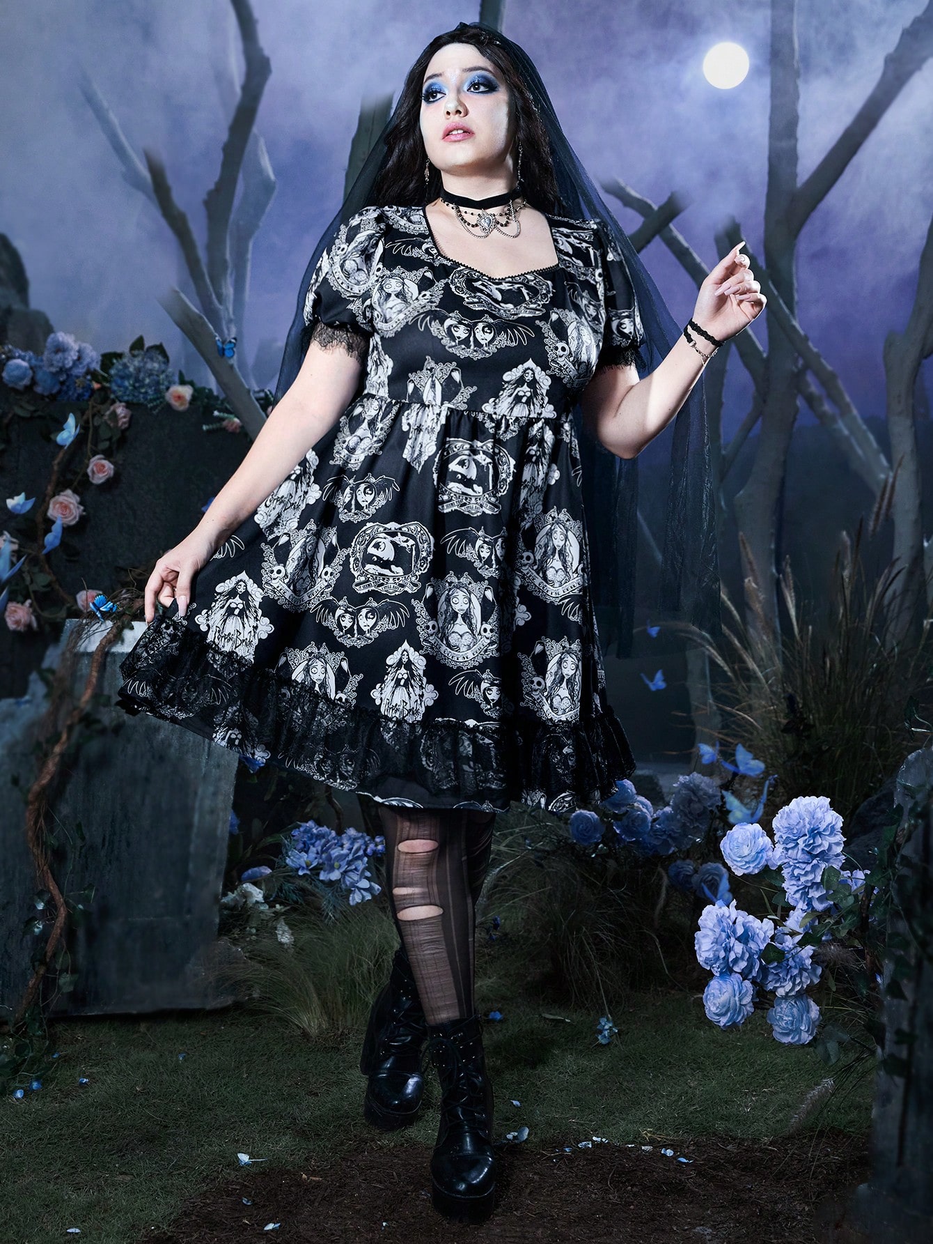 Corpse Bride | ROMWE Plus Figure Print Contrast Lace Dress | SHEIN USA