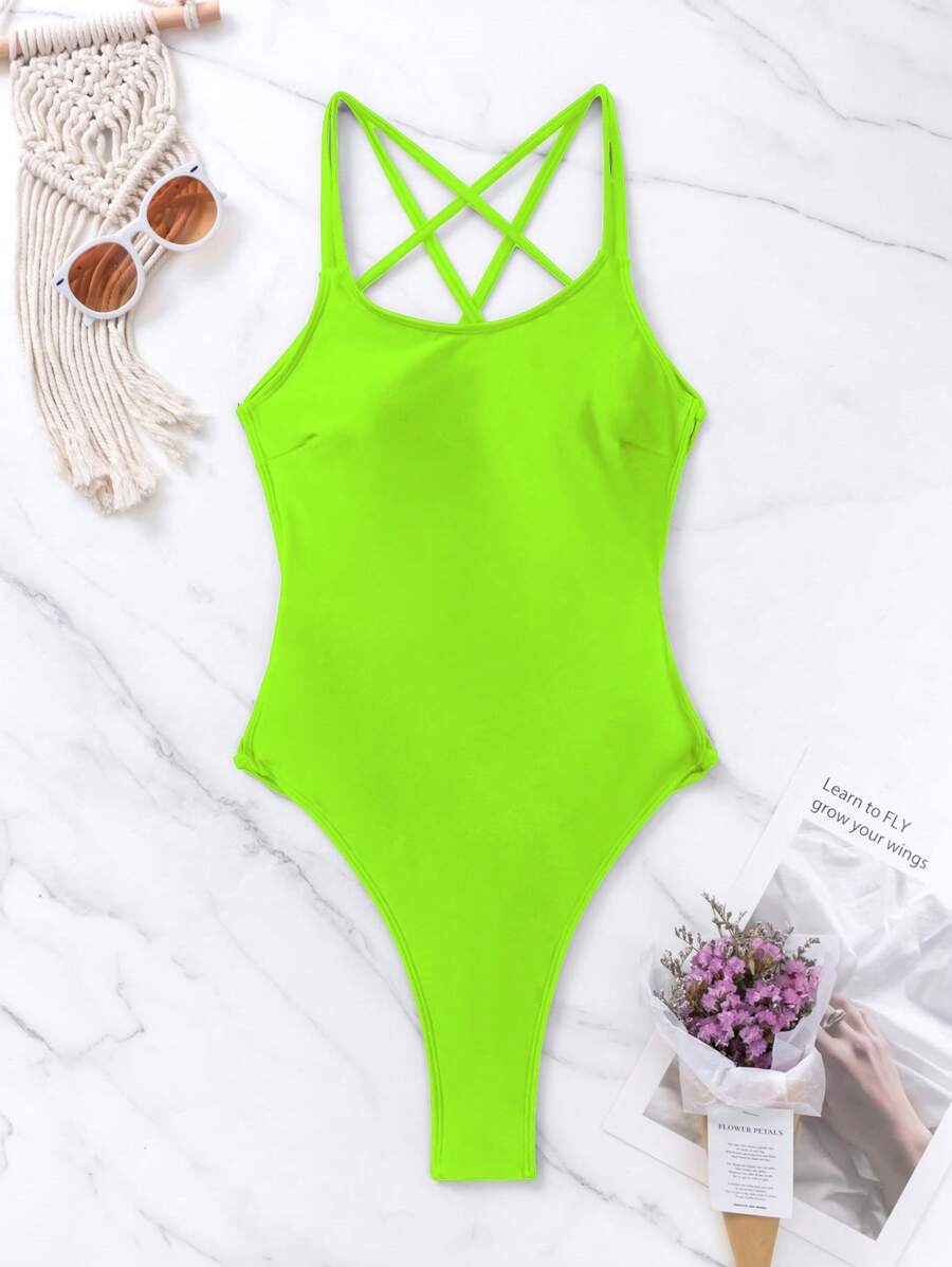 Shein Swim Sxy Summer Beach Criss Cross Backless Neon One Piece