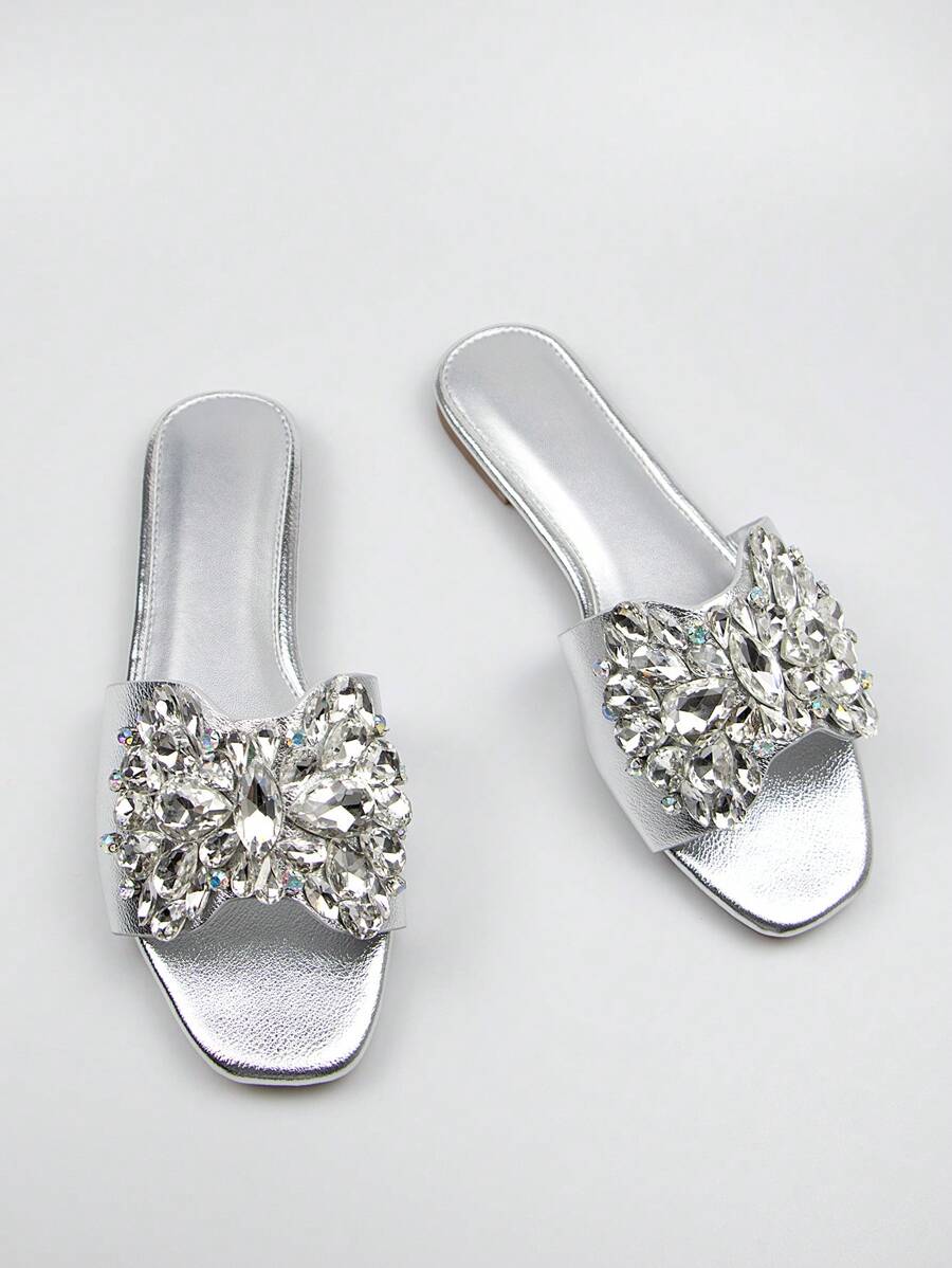 Women Metallic Rhinestone Decor Slide Sandals, Glamorous Sandals Silver ...