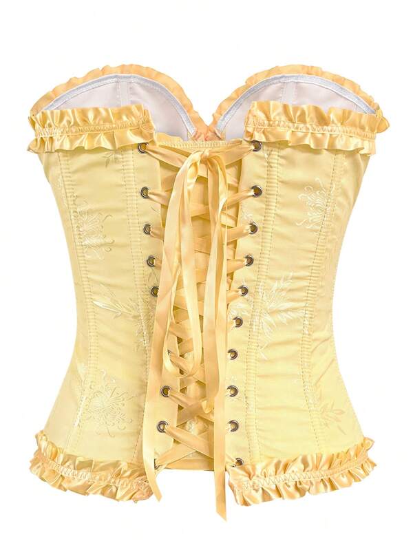 Floral Jacquard Frill Trim Lace Up Back Corset Shein Euqs