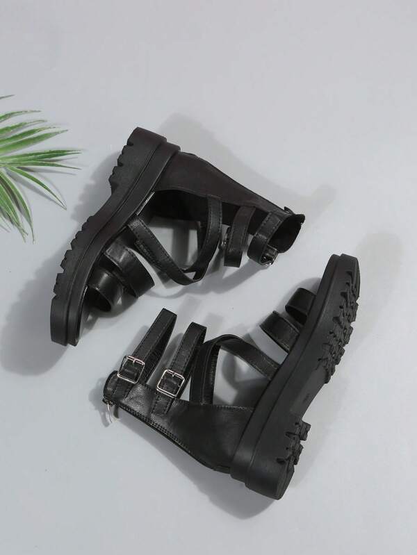 Women Criss Cross Buckle Decor Zipper Back Sandals, Vacation Black ...