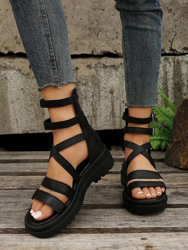 Women Criss Cross Buckle Decor Zipper Back Sandals, Vacation Black ...