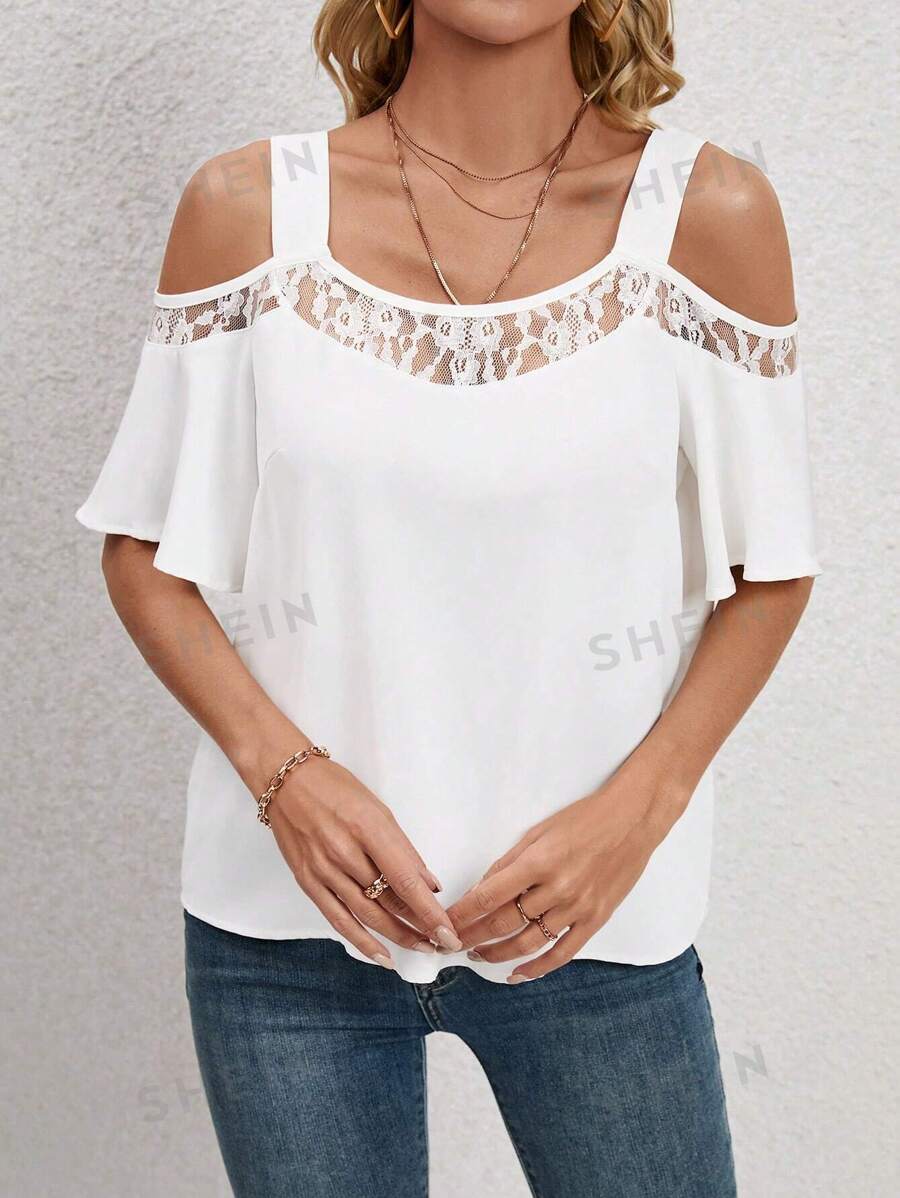 SHEIN LUNE Contrast Lace Cold Shoulder Blouse | SHEIN UK
