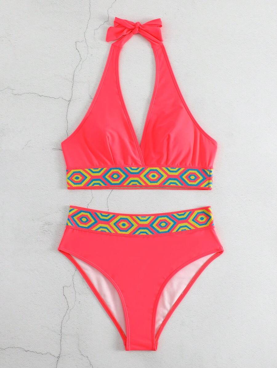 SHEIN Swim Summer Beach Geo Print Halter Bikini Set Swimwear ...