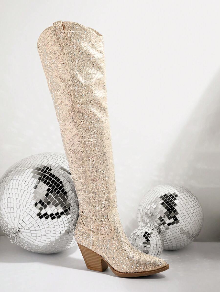 SHUZIA Botas vaqueras de brillantes de rodilla alta inspiradas en ...