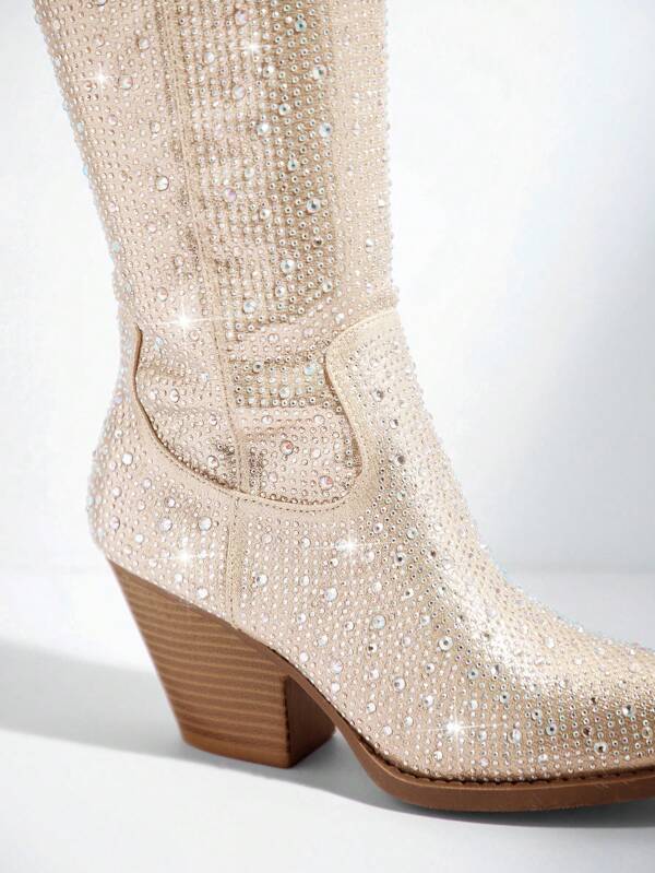 Vegan Leather Knee High Rhinestone Boots | SHEIN USA