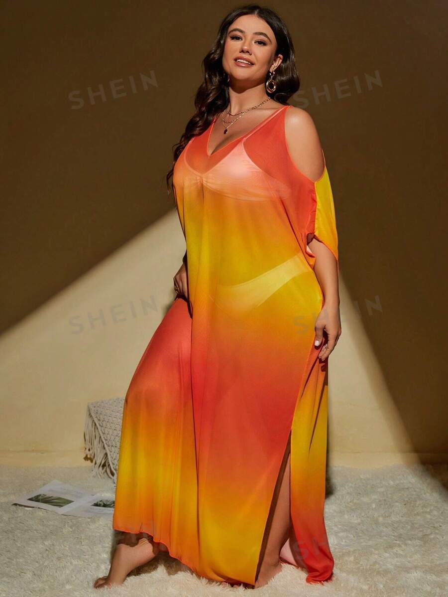 SHEIN Swim Curve Summer Beach Plus Ombre Split Hem Cover Up | SHEIN UK