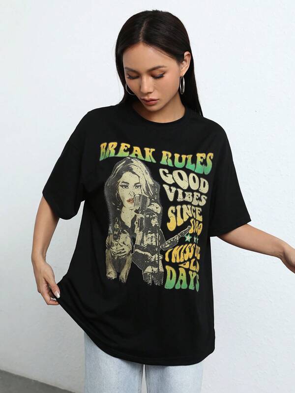 Shein Coolane Figure And Slogan Graphic Drop Shoulder Tee Shein Usa