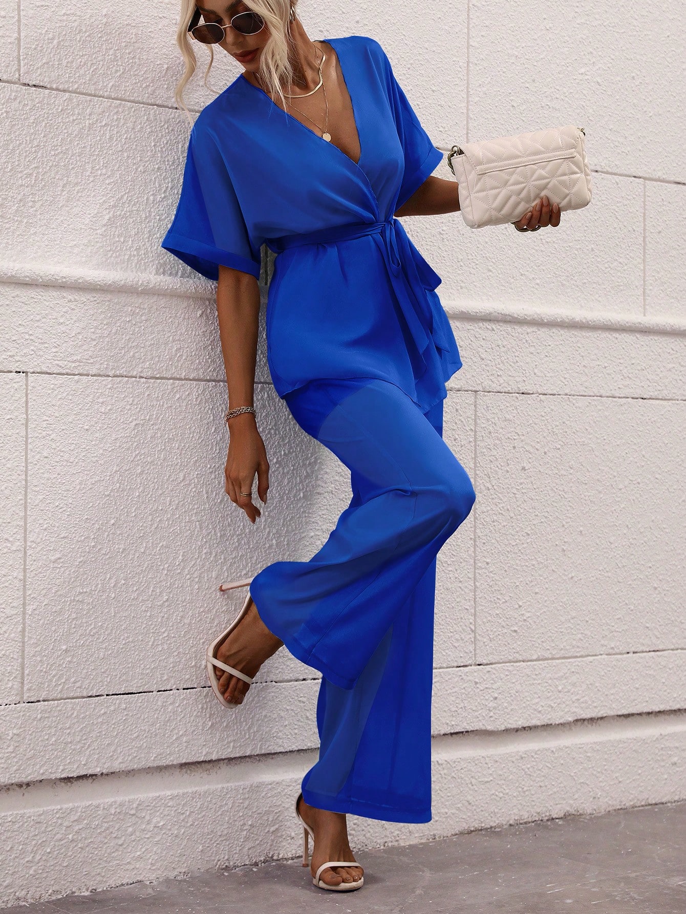 Solid Belted Top And Wide Leg Pants Shein Usa