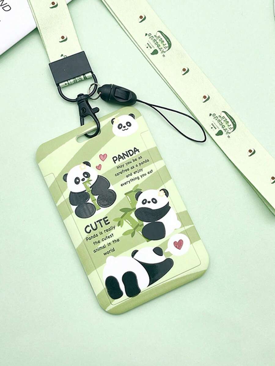 1pc Cartoon Panda Pattern Card Cover With Lanyard, Cute Portable ...