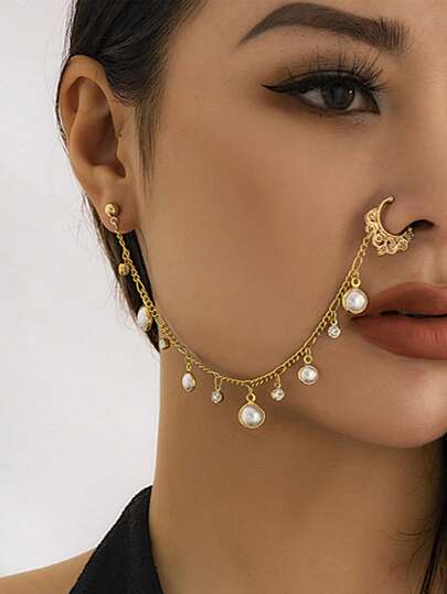 1pc Funky Rhinestone & Faux Pearl Charm Nose Ring For Women For Daily ...