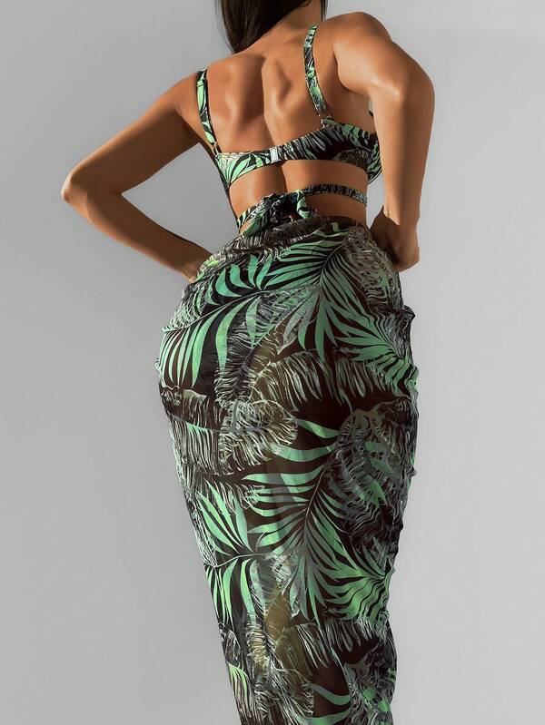 Tropical Print Push Up Bikini Swimsuit With Beach Skirt | SHEIN USA