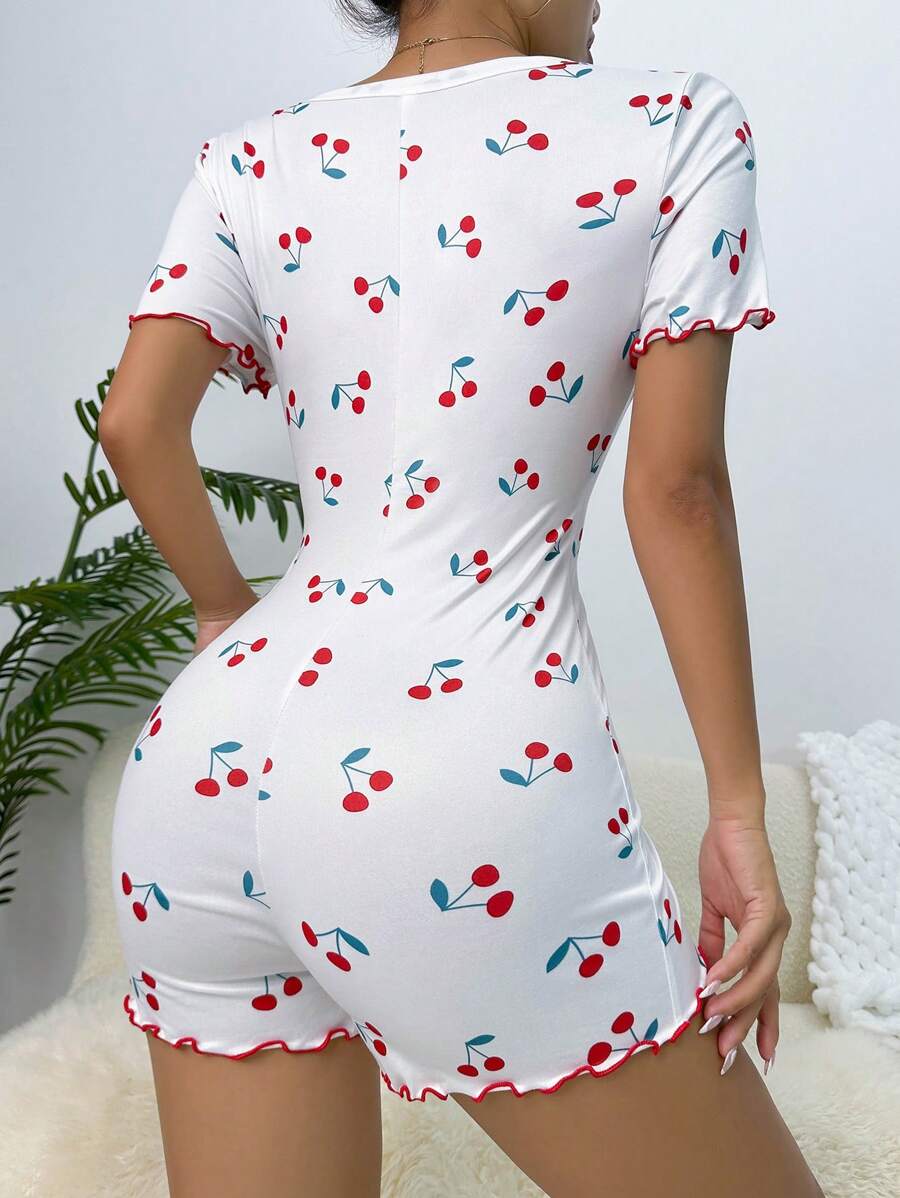 Cherry Print Lettuce Trim Button Front Sleep Romper | SHEIN UK