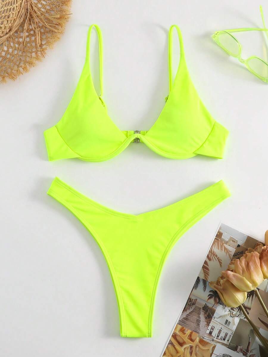 SHEIN Swim Summer Beach Neon Lime Underwire High Cut Bikini Bathing ...