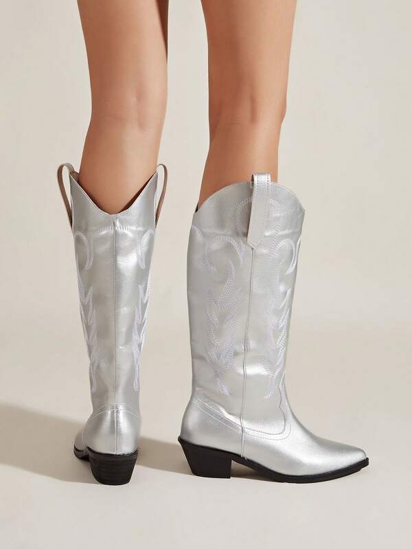 SHEIN Women Metallic Embroidery Detail Slip On Western Boots, Glamorous ...