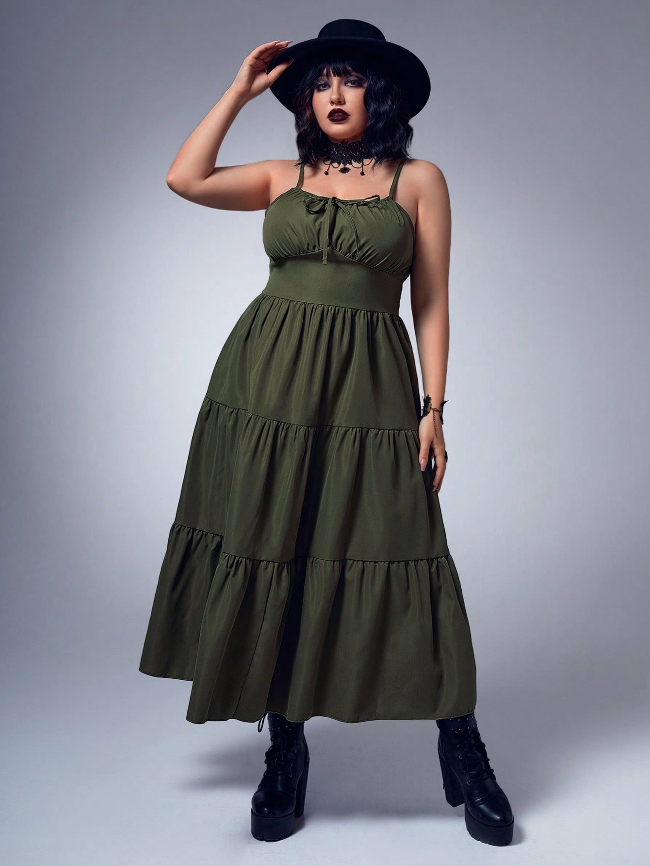 Goth Plus Tie Front Ruffle Hem Cami Dress | SHEIN USA