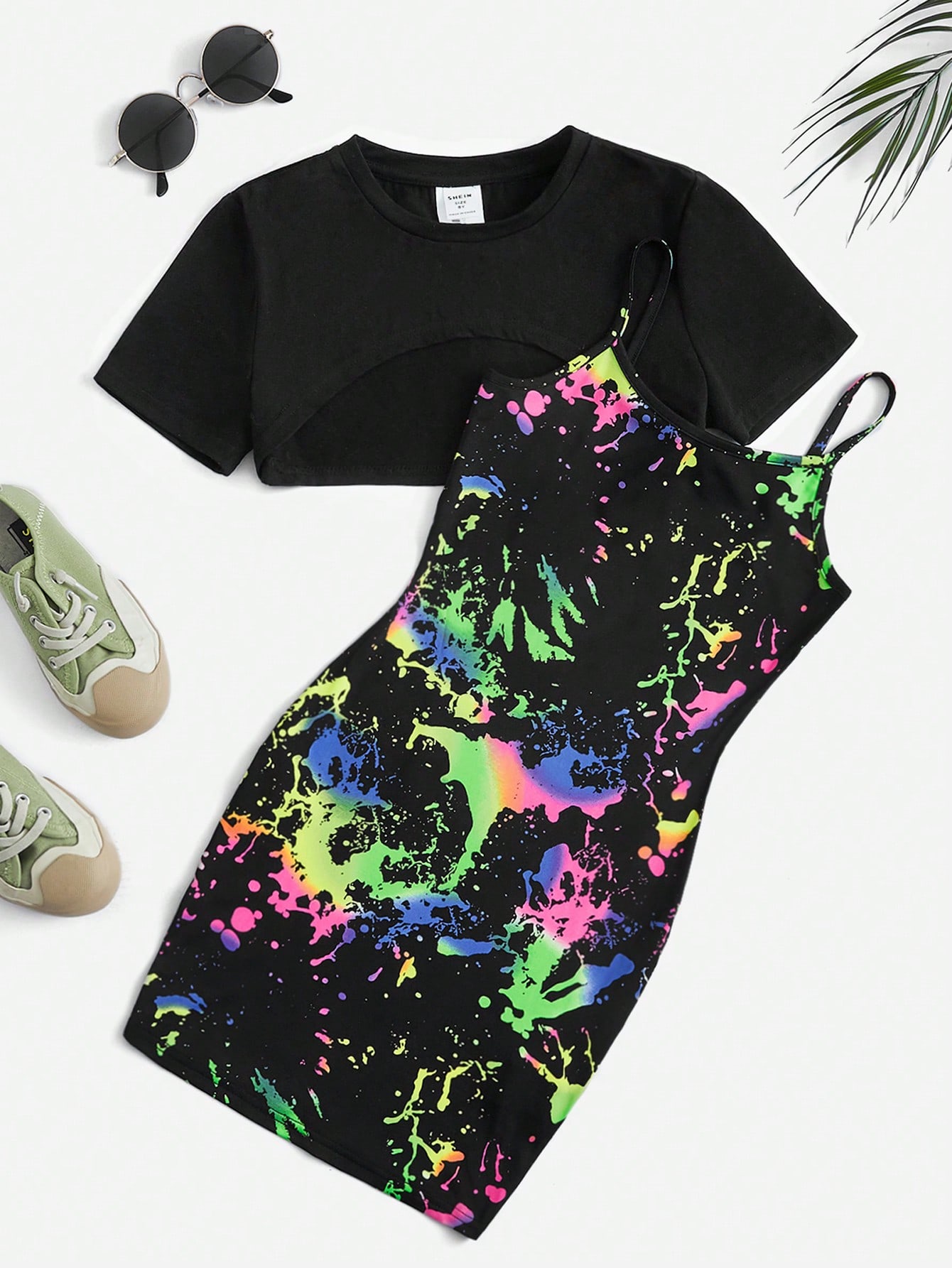 SHEIN Kids HYPEME Tween Girl High Low Hem Tee & Splash Ink Print Cami ...