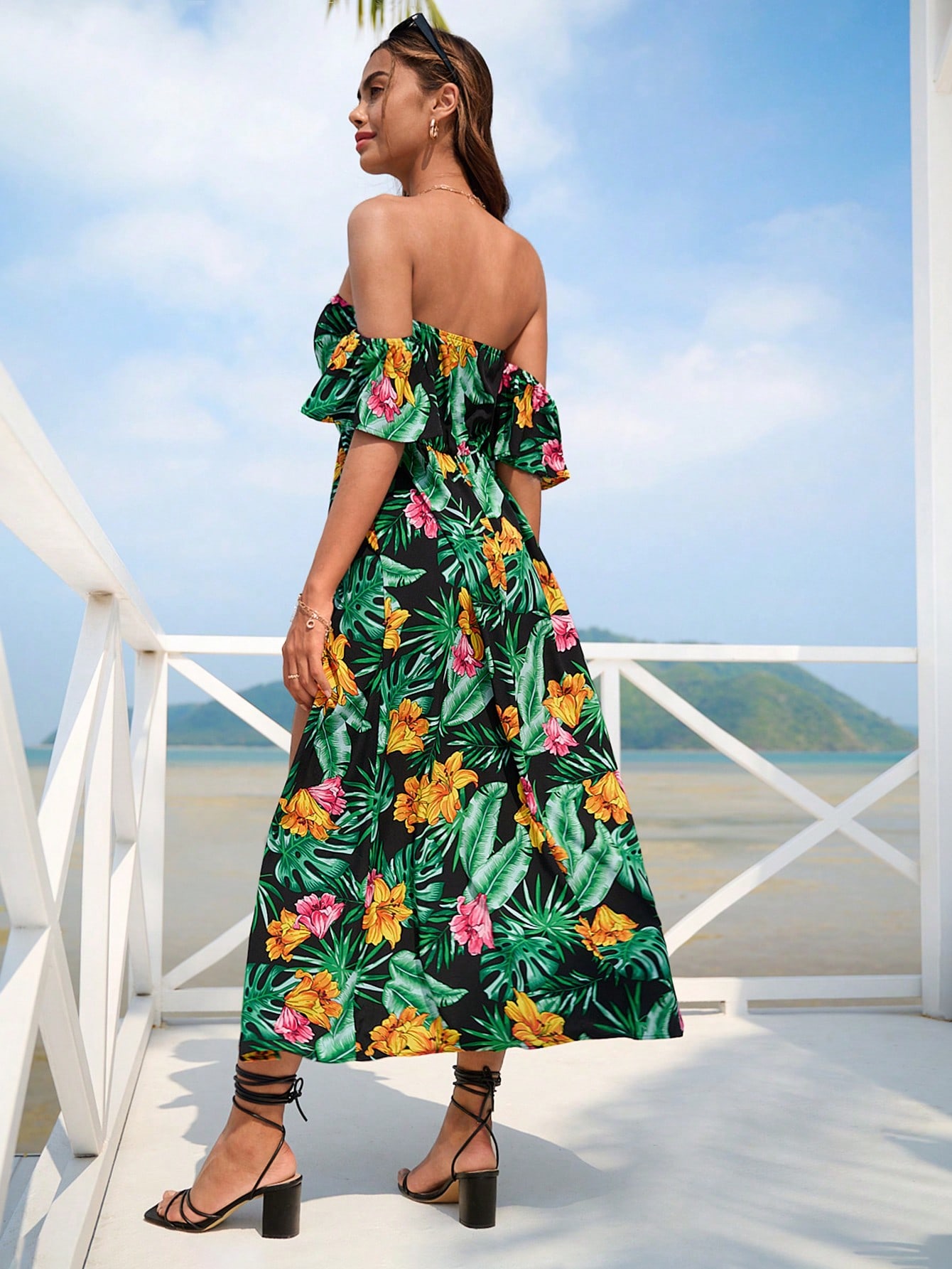 SHEIN VCAY Tropical Print Off Shoulder Ruffle Trim Split Thigh Dress ...