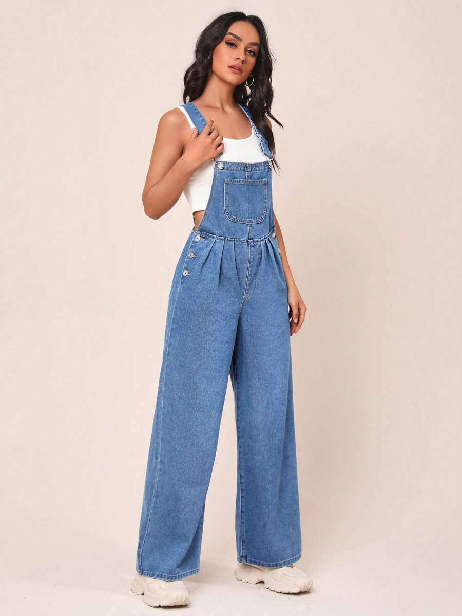 SHEINBlues Coolmax Pocket Patched Wide Leg Denim Overalls Without Tank ...