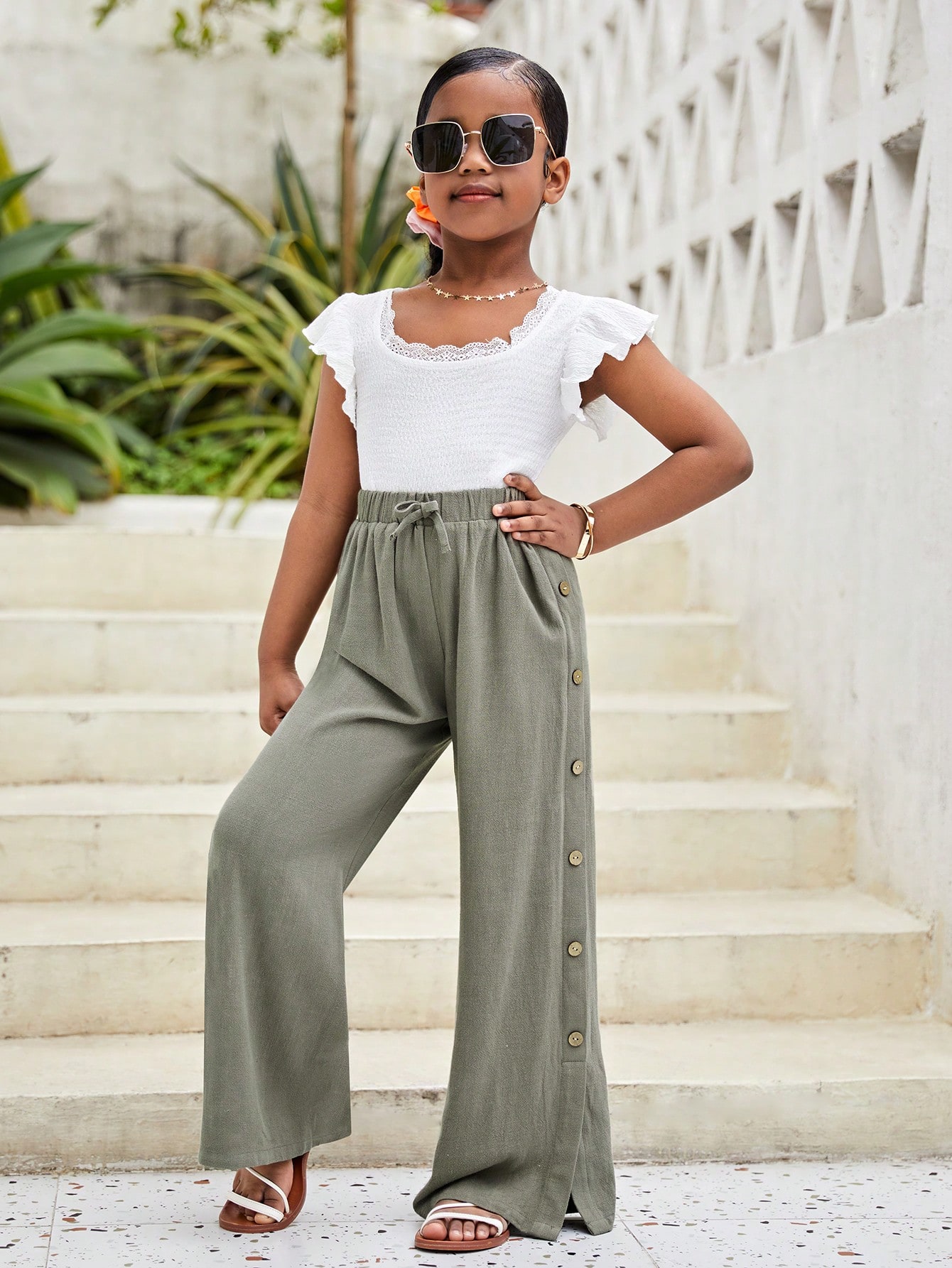 SHEIN Tween Girl Button Detail Knot Front Wide Leg Pants | SHEIN USA