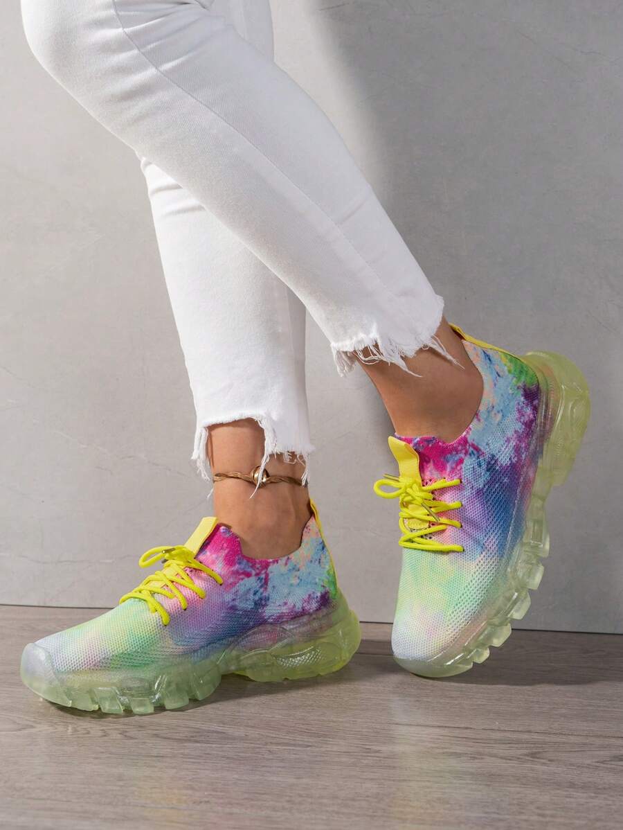 Women Colorblock Chunky Sneakers, Fabric Lace Up Front Sporty Sneakers ...