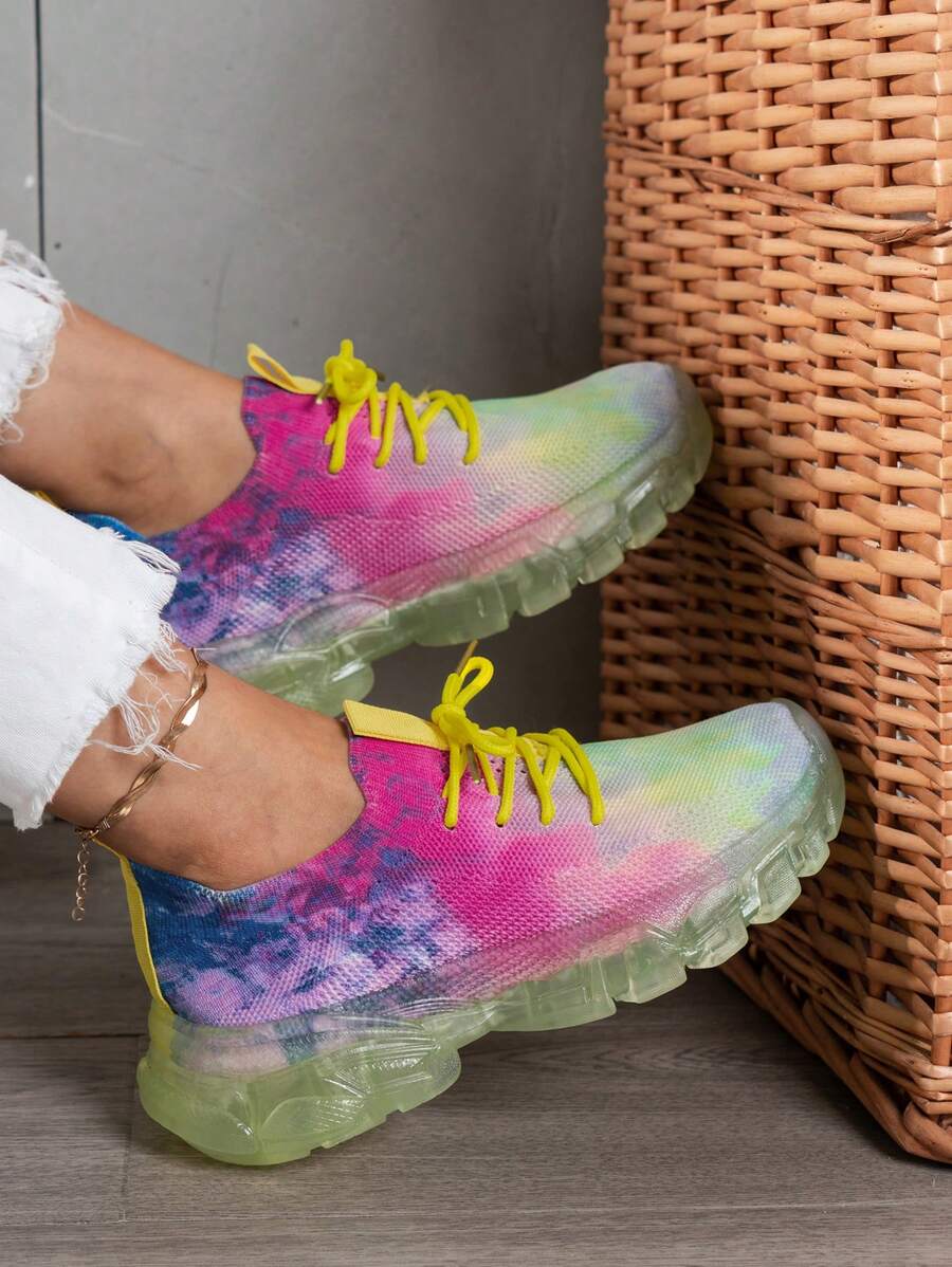 Women Colorblock Chunky Sneakers, Fabric Lace Up Front Sporty Sneakers ...