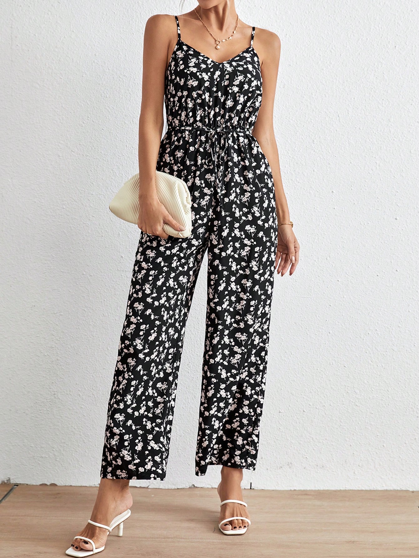 SHEIN Frenchy Ditsy Floral Print Belted Cami Jumpsuit | SHEIN USA