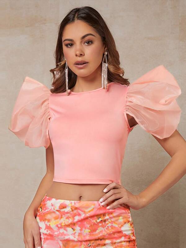 Katalyst Kouture Organza Puff Sleeve Crop Top Shein Usa