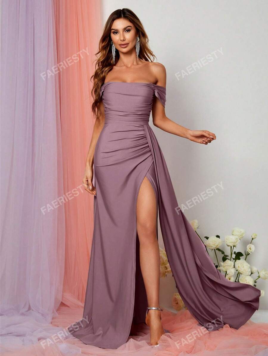 Faeriesty Elegant Satin Off-Shoulder Evening Gown With High-Slit Hem ...