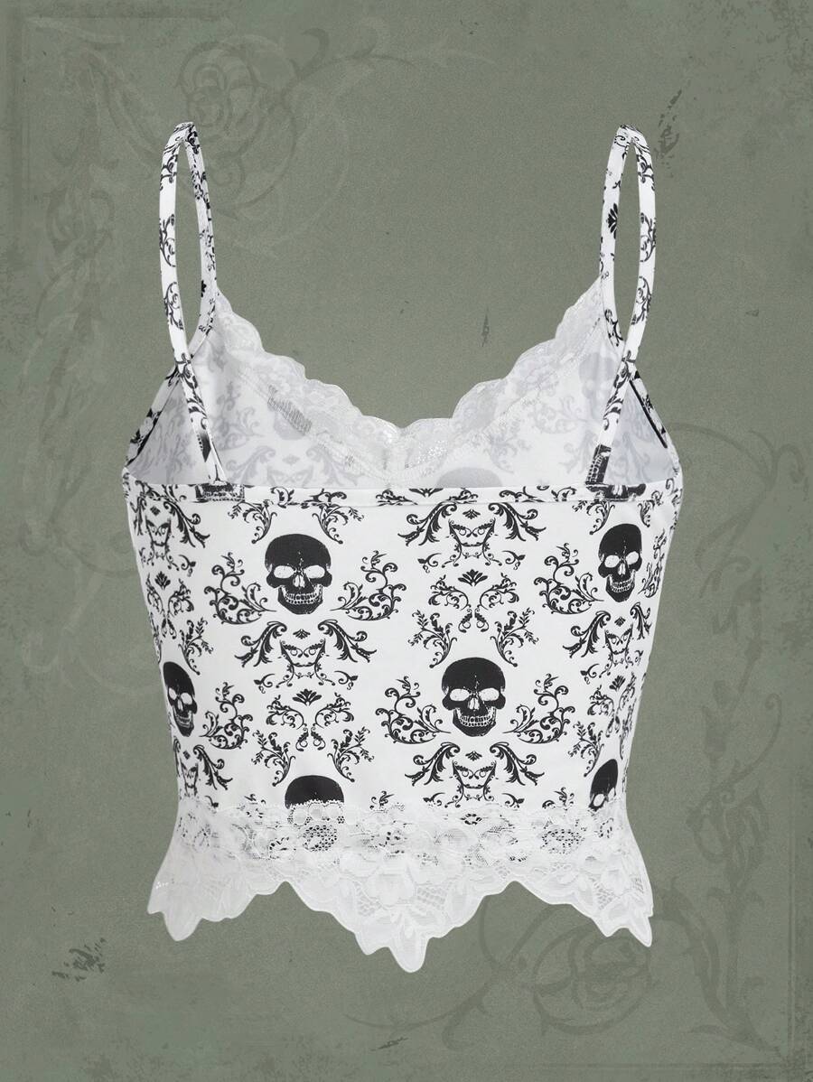 Our Goth Skull Print Contrast Lace Cami Top is such a vibe - ROMWE