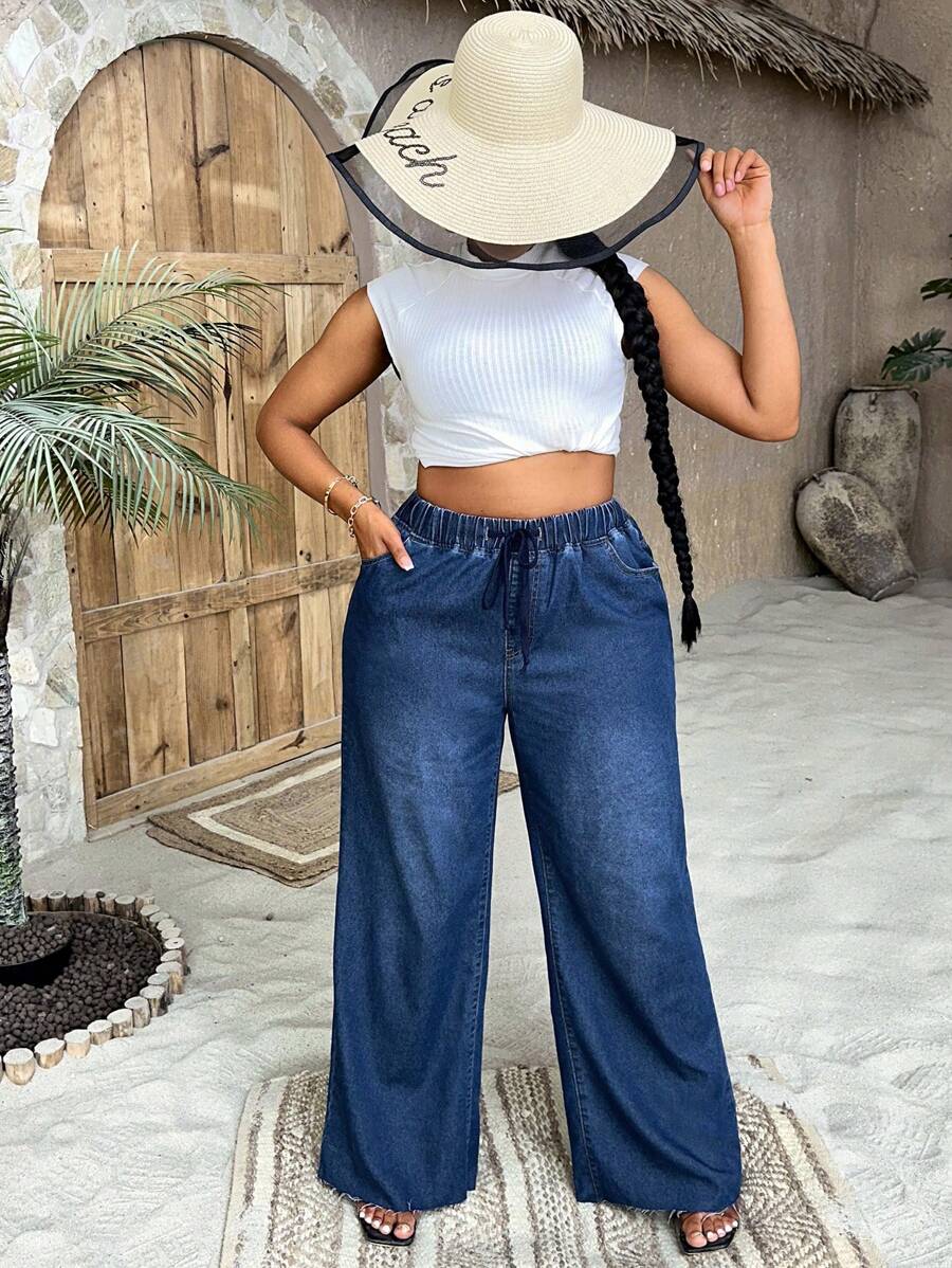 SHEIN SXY Plus Drawstring Waist Wide Leg Jeans | SHEIN USA