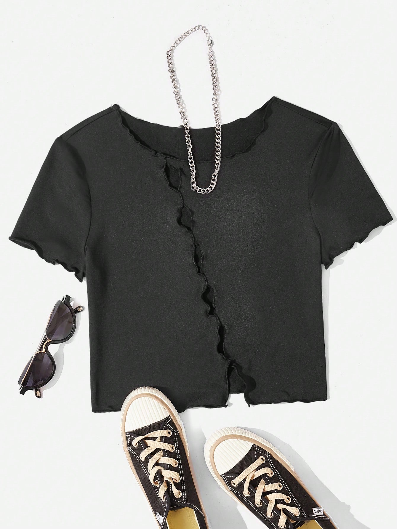 Shein Ezwear Cut Out Front Lettuce Trim Crop Tee Shein Usa