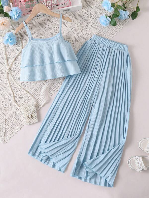 SHEIN Kids EVRYDAY Girls Ruffle Hem Cami Top & Pleated Wide Leg Pants ...