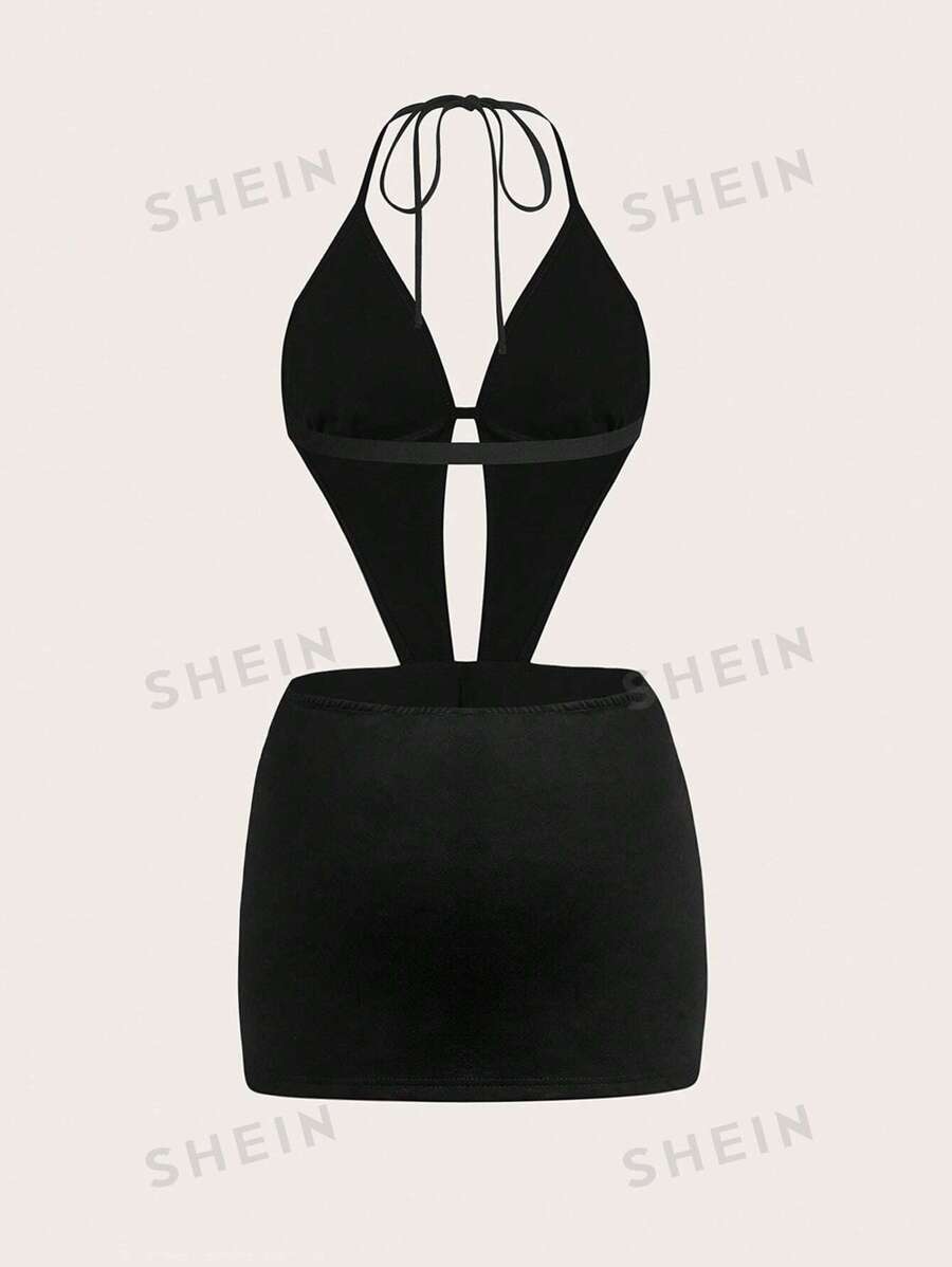 SHEIN ICON Rhinestone Detail Cut Out Tie Backless Split Hem Halter ...