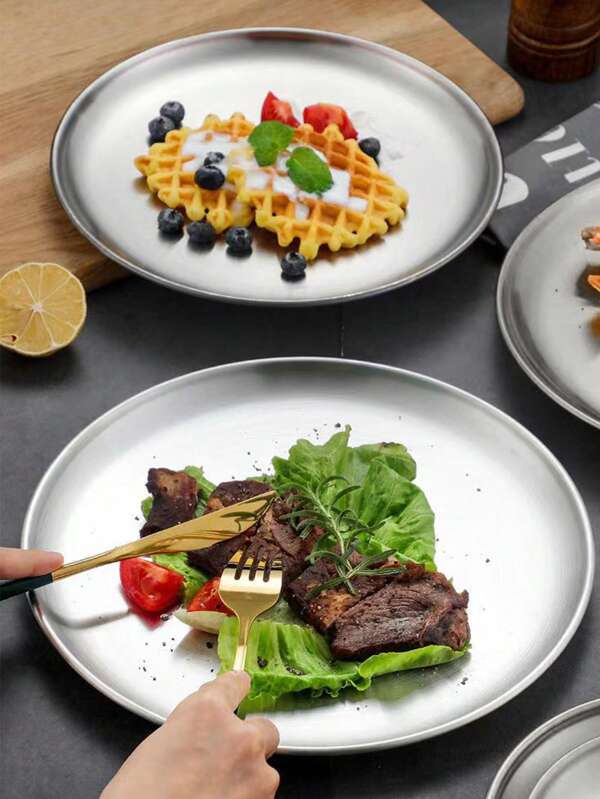 1pc Stainless Steel Plate, Minimalist Silver Round Dinner Plate For ...