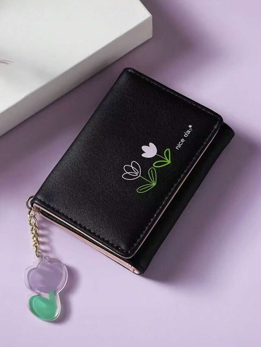 Letter & Floral Graphic With Bag Charm Pocket Wallet Small Trifold Slim ...