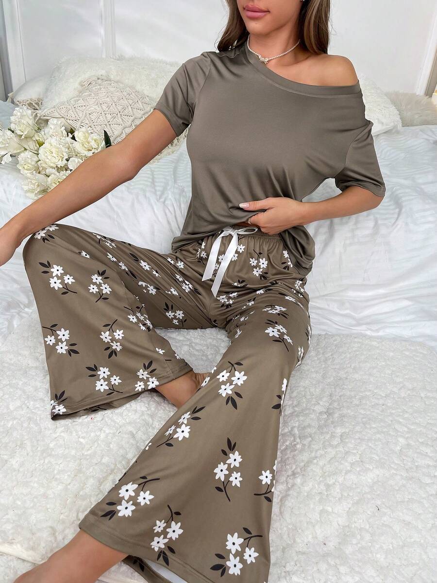 Floral Print Knot Front PJ Set | SHEIN USA