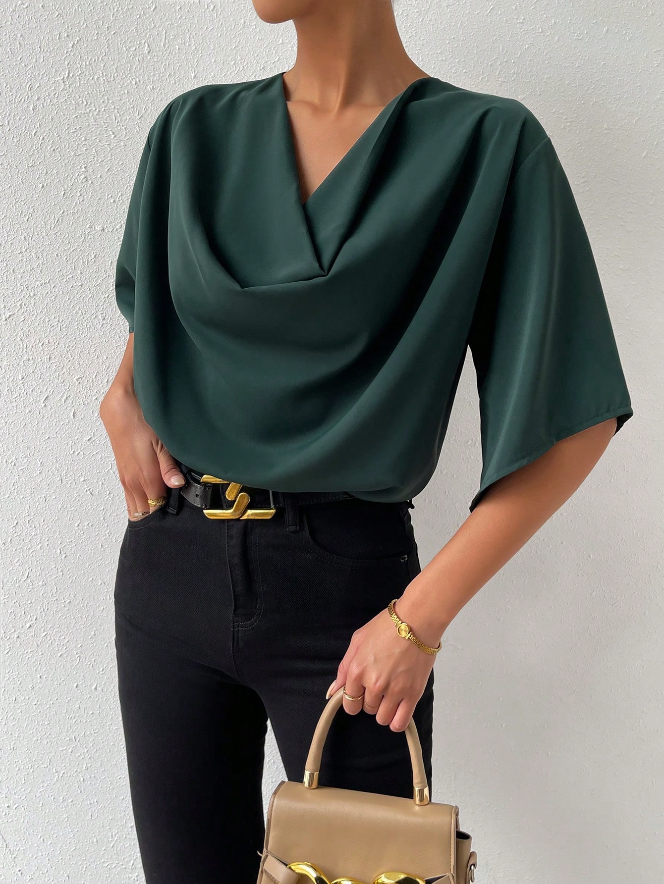 Solid Draped Collar Blouse | SHEIN USA