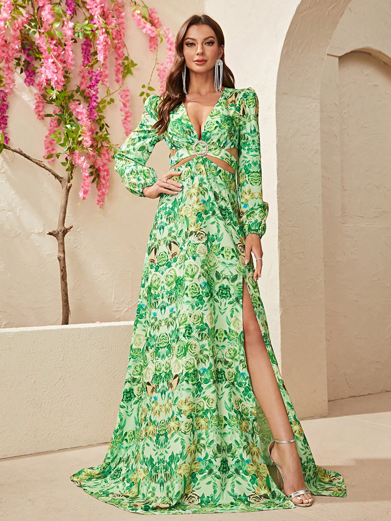 Fniseti Allover Floral Print Split Thigh Dress Shein Uk