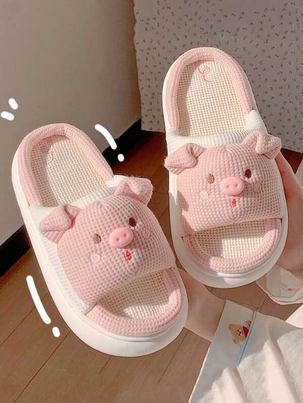 Women Cartoon Pig Design Novelty Slippers, Preppy Indoor Home Slippers ...