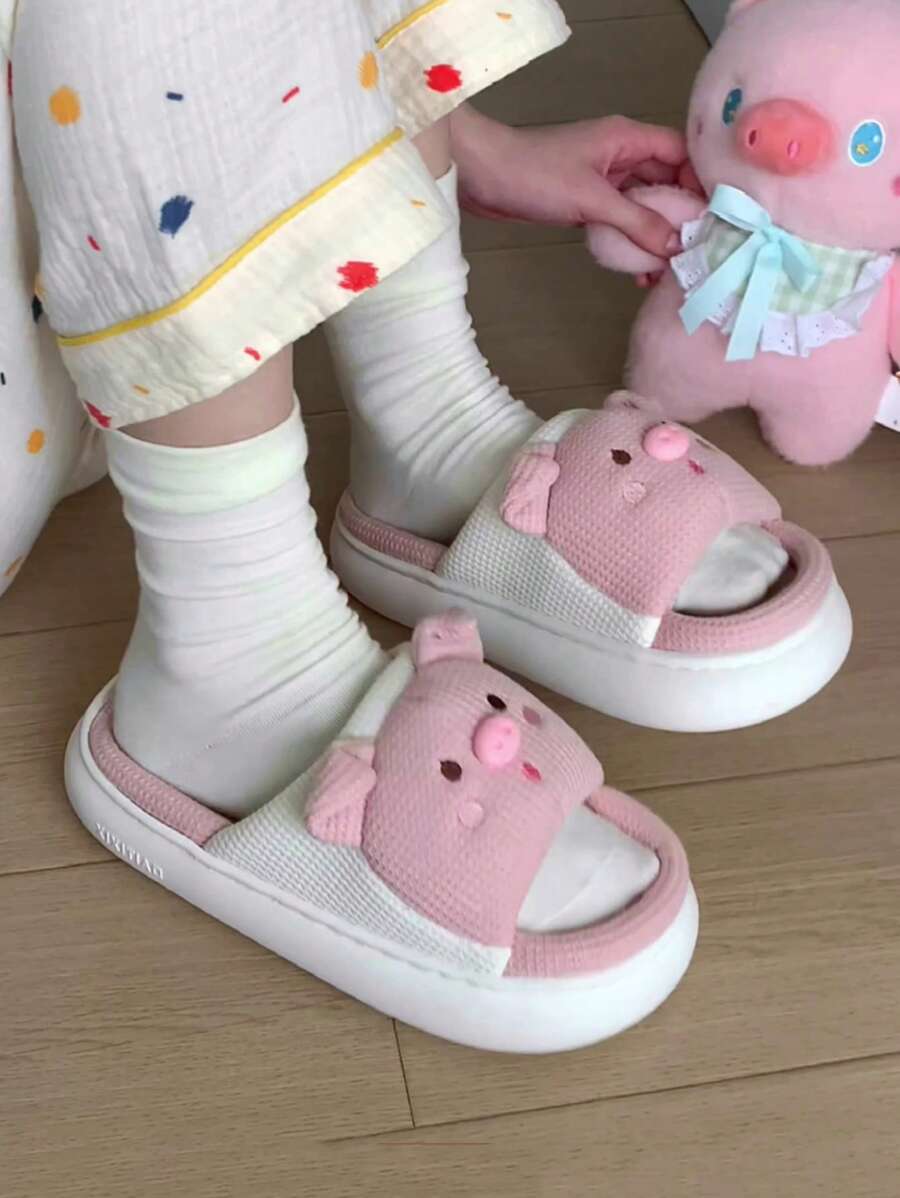 Women Cartoon Pig Design Novelty Slippers, Preppy Indoor Home Slippers ...