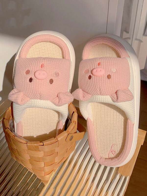 Women Cartoon Pig Design Novelty Slippers, Preppy Indoor Home Slippers ...