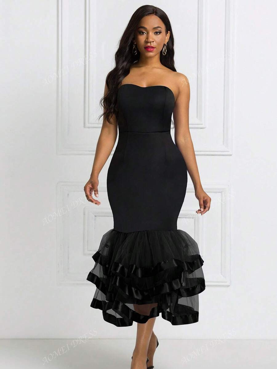 Sexy Strapless Mesh Bodycon Layered Mini Graduation Dress, For Birthday ...
