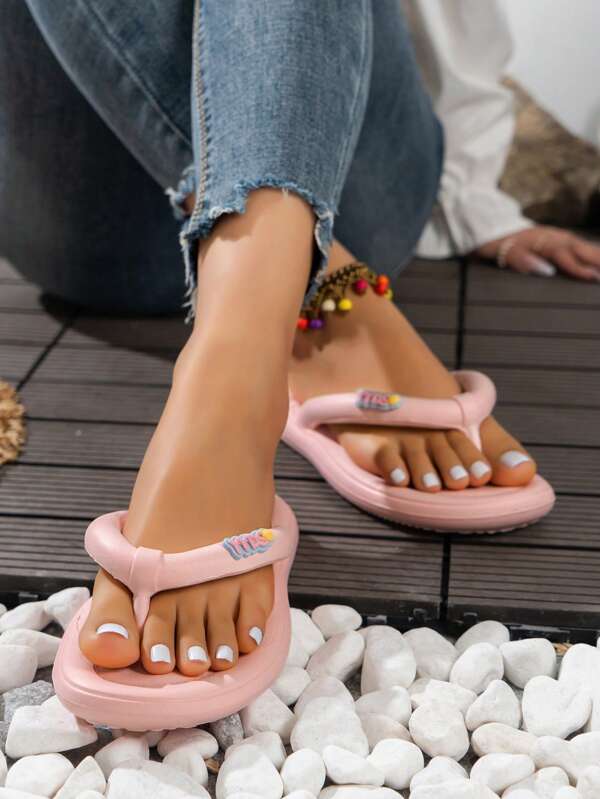 Preppy Pink Slippers For Women Letter And Cartoon Sun Decor Eva Flip Flops Shein Usa