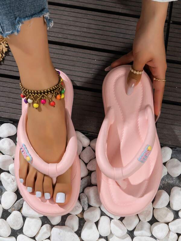 Preppy Pink Slippers For Women Letter And Cartoon Sun Decor Eva Flip Flops Shein Usa