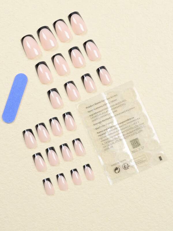 Get Glamorous with 24pcs Long Square Black French Two Tone Fake Nail ...