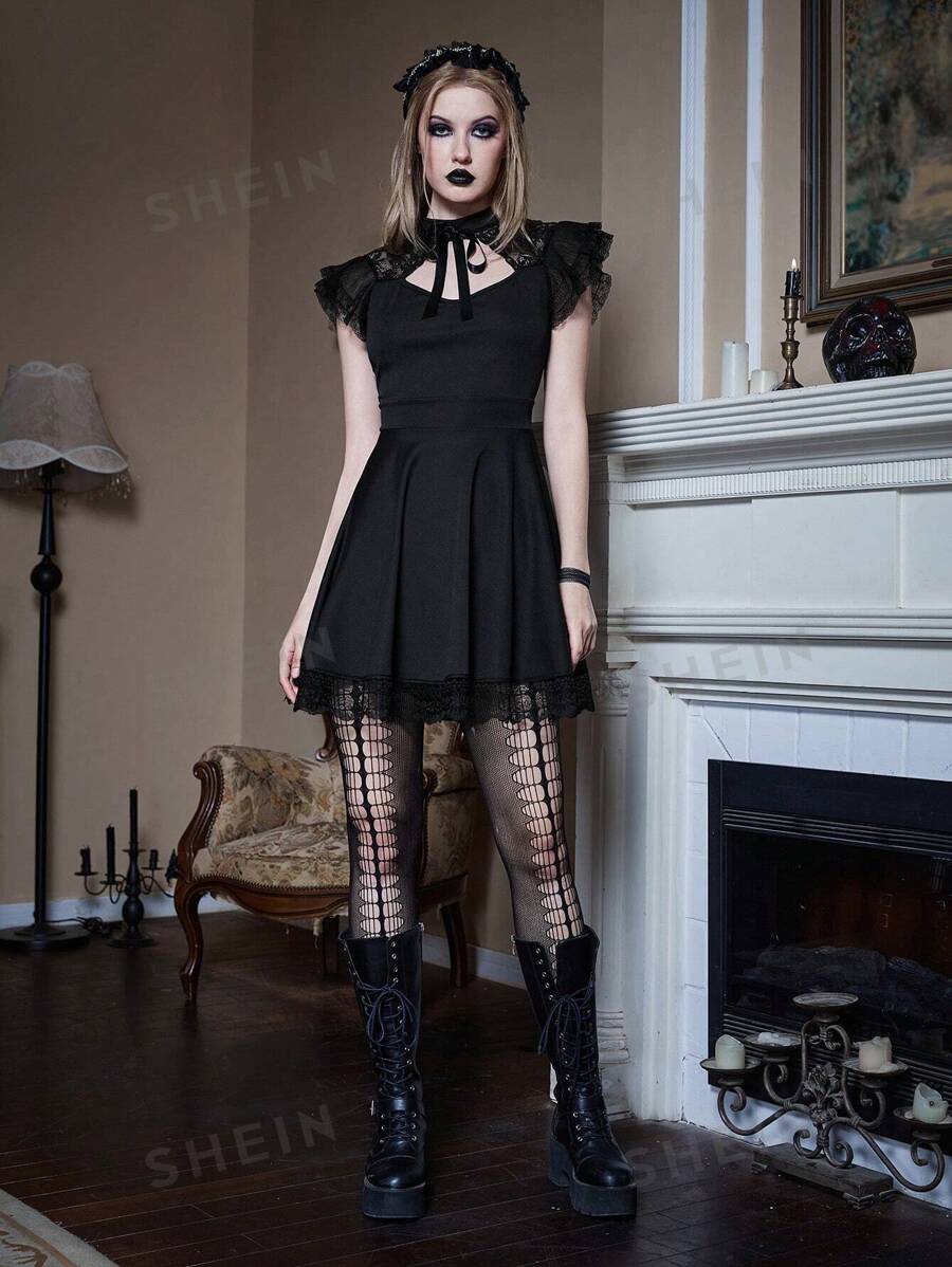 ROMWE Goth Lace Patchwork Gothic Style Formal Dress | SHEIN USA