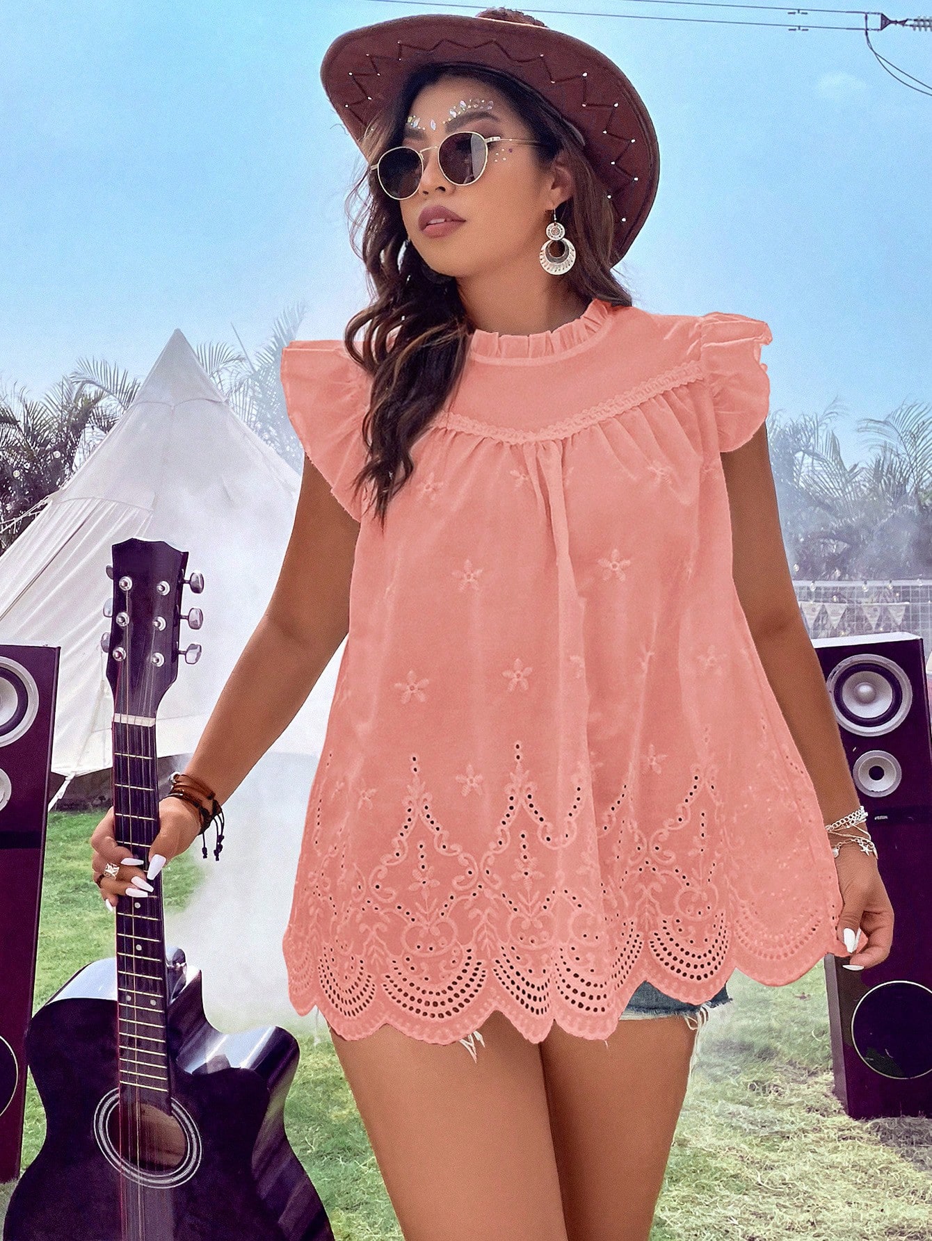 Shein Vcay Plus Eyelet Embroidery Scallop Trim Mock Neck Ruffle Trim