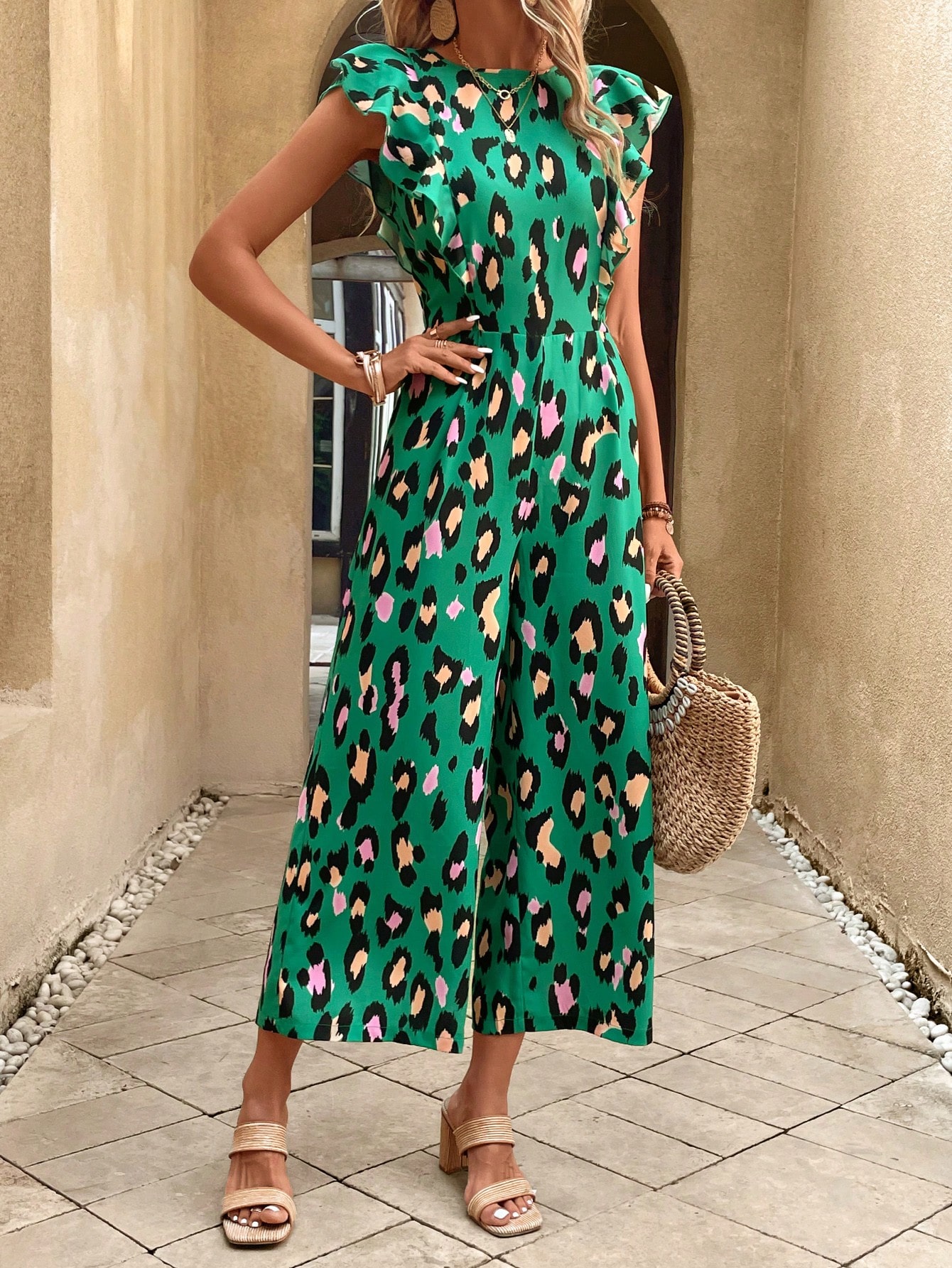 Shein Lune Allover Print Ruffle Trim Wide Leg Jumpsuit Shein Uk