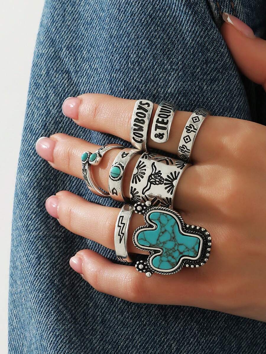 7 Pieces Western Antique Style Cactus Cowboys Cow Design Rings Set For ...